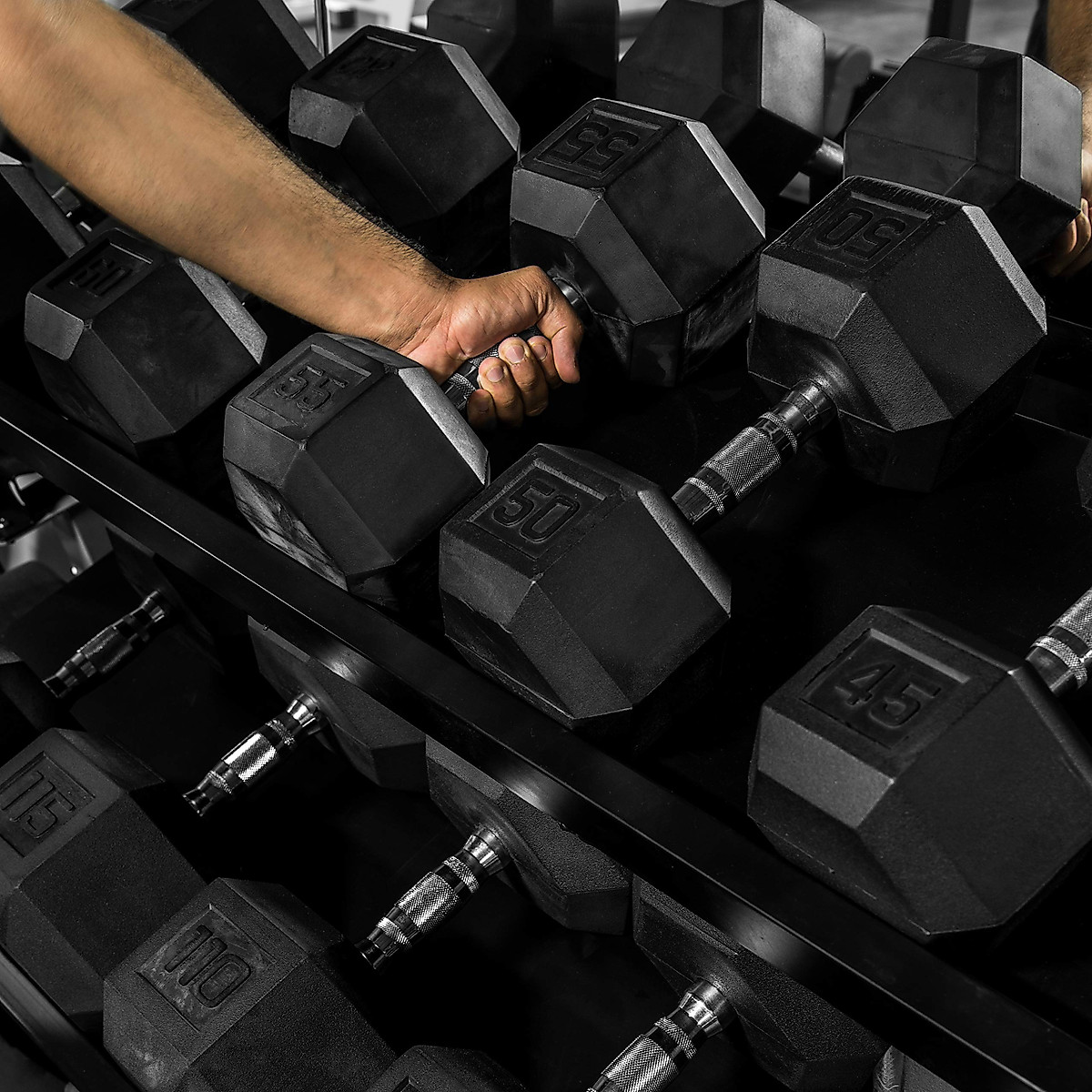 CAP Barbell Rubber Coated Dumbbell Set with Storage Rack (5-70 Lb Set with 3 Tier Stadium Rack, Hex)