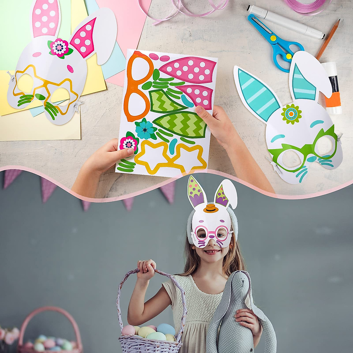 Spakon 60 Pieces Easter Bunny Mask Craft Kits Novelty Easter Rabbits Craft Kits Personalized Bunny Characters for Kids Fun Home Activities DIY Arts Craft Self Adhesive