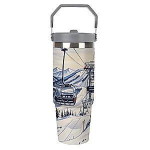 WITHSBKK 30oz Car Cup Mount Horsney Ski Lift Printed with Portable, Stainless Steel Travel Mug, Vacuum Insulated Tumbler And Straw, Leakproof for Car & Outdoor, UV Printed Design