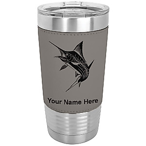 LaserGram 20oz Vacuum Insulated Tumbler Mug, Marlin Fish, Personalized Engraving Included (Faux Leather, Gray)
