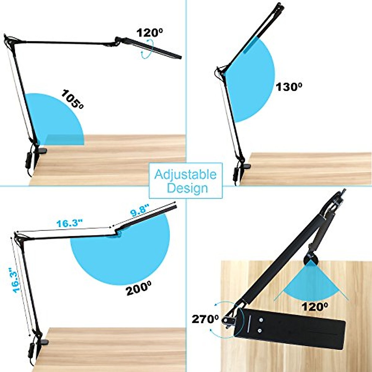 BYB Metal LED Desk Lamp, Architect Swing Arm Lamp with Clamp, Eye-Care Drafting Task Lamp with 4 Color 6 Brightnss, Touch Control, Memory Function for Home Office, Monitor Studio Reading (Black)