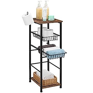 Bathroom Storage Cabinet Free Standing Units Organizer Shelf Floor Storage Tower with Drawers 4 Tier Shelving Rack with Paper Bar Narrow Storage Shelves for Bath Living Room Washroom, Farmhouse Brown