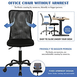 Small Office Chair, Armless Desk Chair with Wheels, Ergonomic Computer Chair with Lumbar Support, Mid Back Mesh Rolling Swivel Task Chair for Small Spaces Black