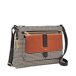 Fossil Women's Kinley Fabric Large Crossbody Handbag, Black Stripe with Women's Logan Faux Leather RFID Tab Clutch Wallet, Brown