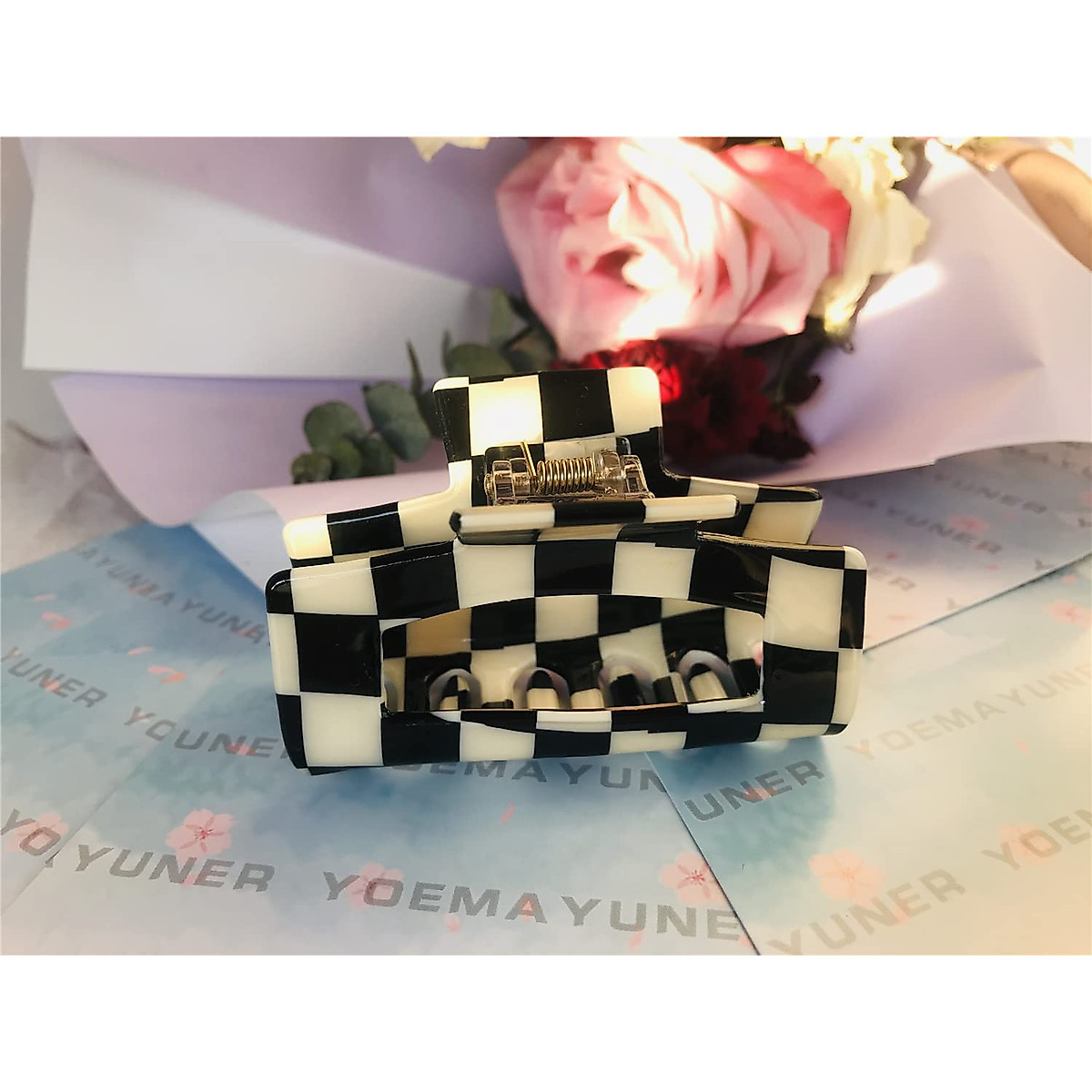 Checkered Hair Claw Clips for Women Girls Fashion Hair Clips for Styling Claw Clamps Thick Hair Retro Rectangle Shape, YOEMAYUNER (3PCs 3Colors a)