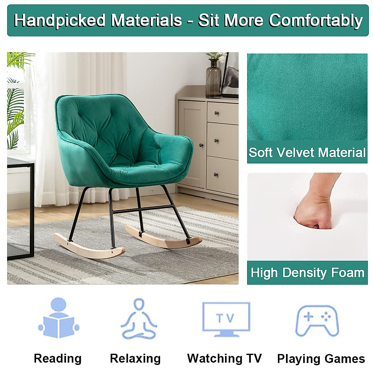 Compact Velvet Rocking Chair, Comfy Accent Rocker Chair for Babies Nursery, Upholstered Glider for Bedroom, Living Room (Emerald Green)
