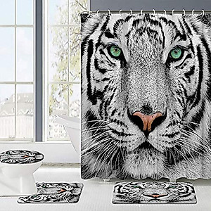 Black Tiger with Green Eyes Shower Curtain Sets with Non-Slip Rugs, Toilet Lid Cover and Bath Mat, Africa Animals Shower Curtains with 12 Hooks Durable Waterproof Bath Curtain