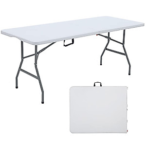 ANJONG ANJ 6FT Dining Table, Foldable Plastic Utility Table, Indoor Outdoor Camping, Picnics and Parties, White, Load Capacity 330 lbs