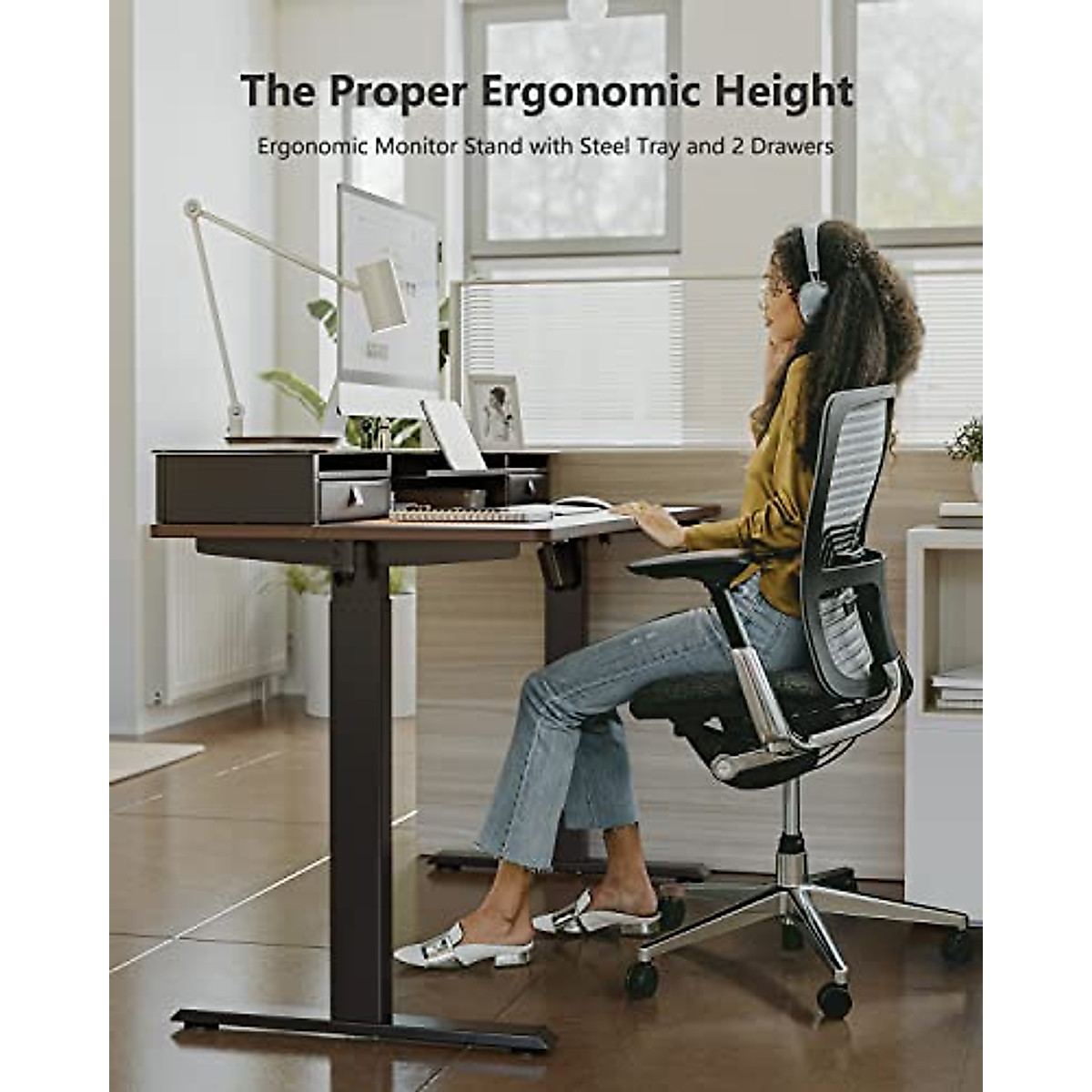 BANTI 55"x 26" Electric Standing Desk with Glass Top Monitor Stand, Adjustable Sit Stand Up Table with Double Drawer, Sit Stand Desk with Storage Shelf, Black Walnut Top