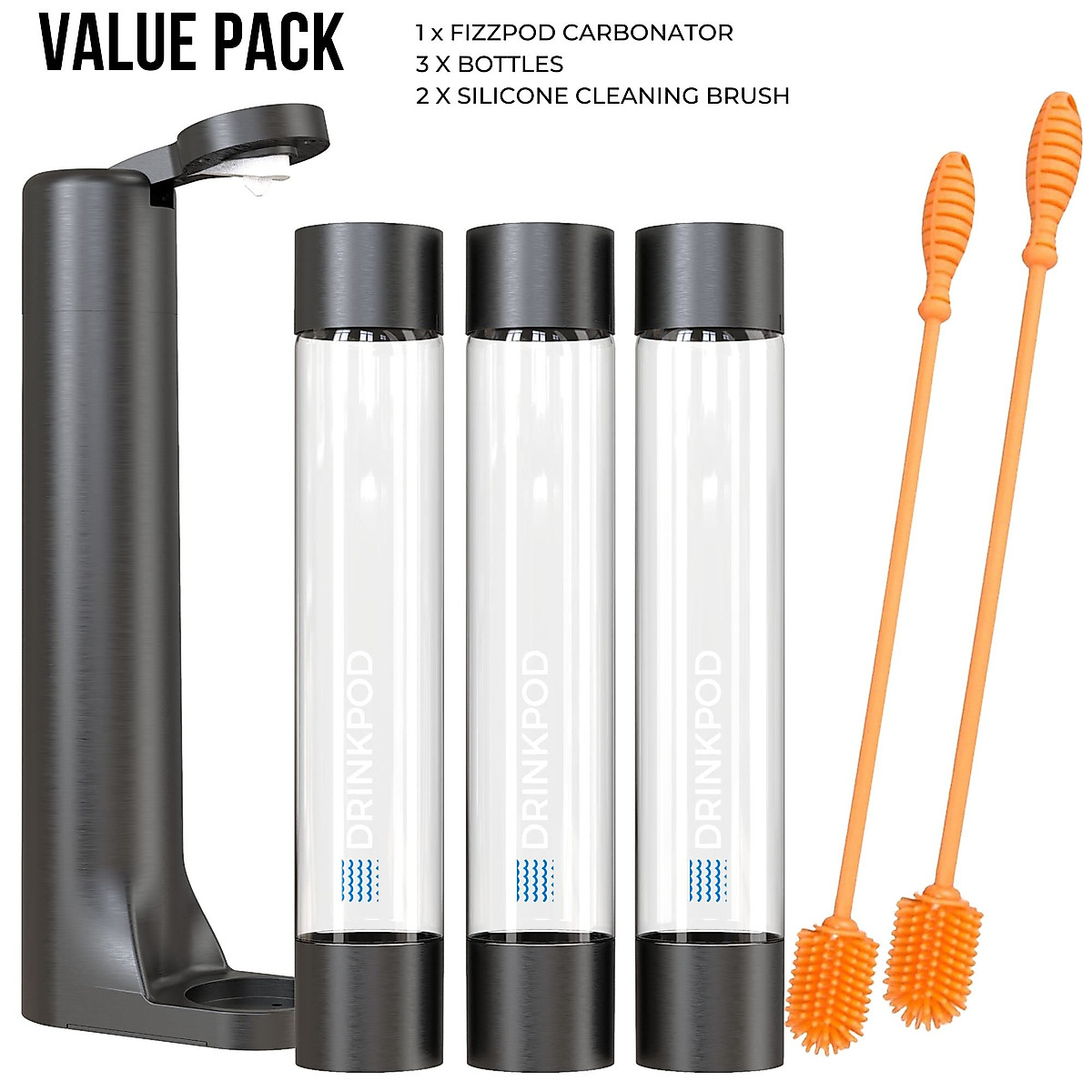 Fizzpod Home Soda Maker Sparkling Water Carbonator With 3 Bottles and 2 Bottle Brushes (Black)