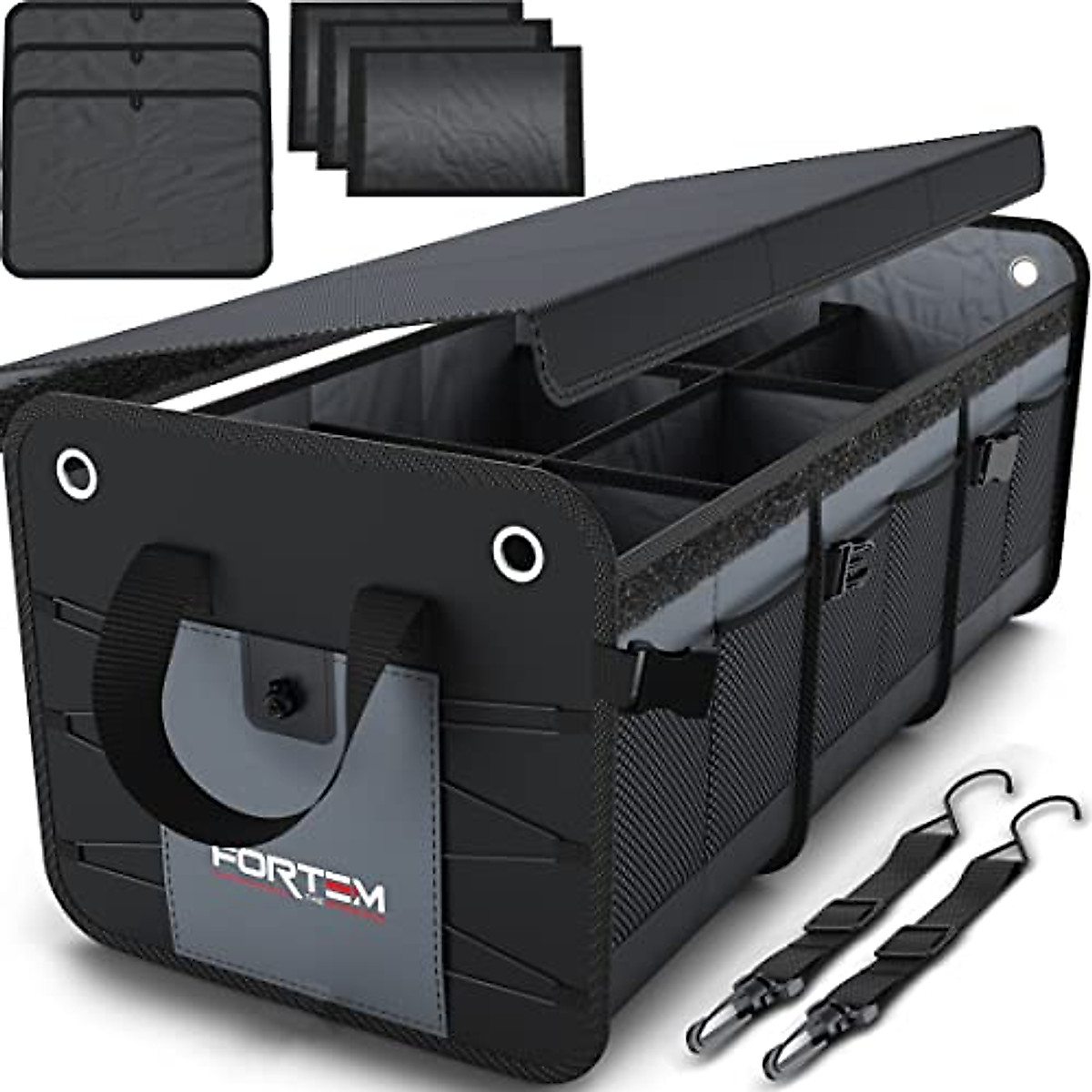 FORTEM Car Trunk Organizer, SUV Trunk Organizer, Car Storage Organizer, Collapsible Multi Compartment Car Organizer, Non Slip Bottom, Adjustable Securing Straps, Foldable Cover (3 Compartments, Grey)