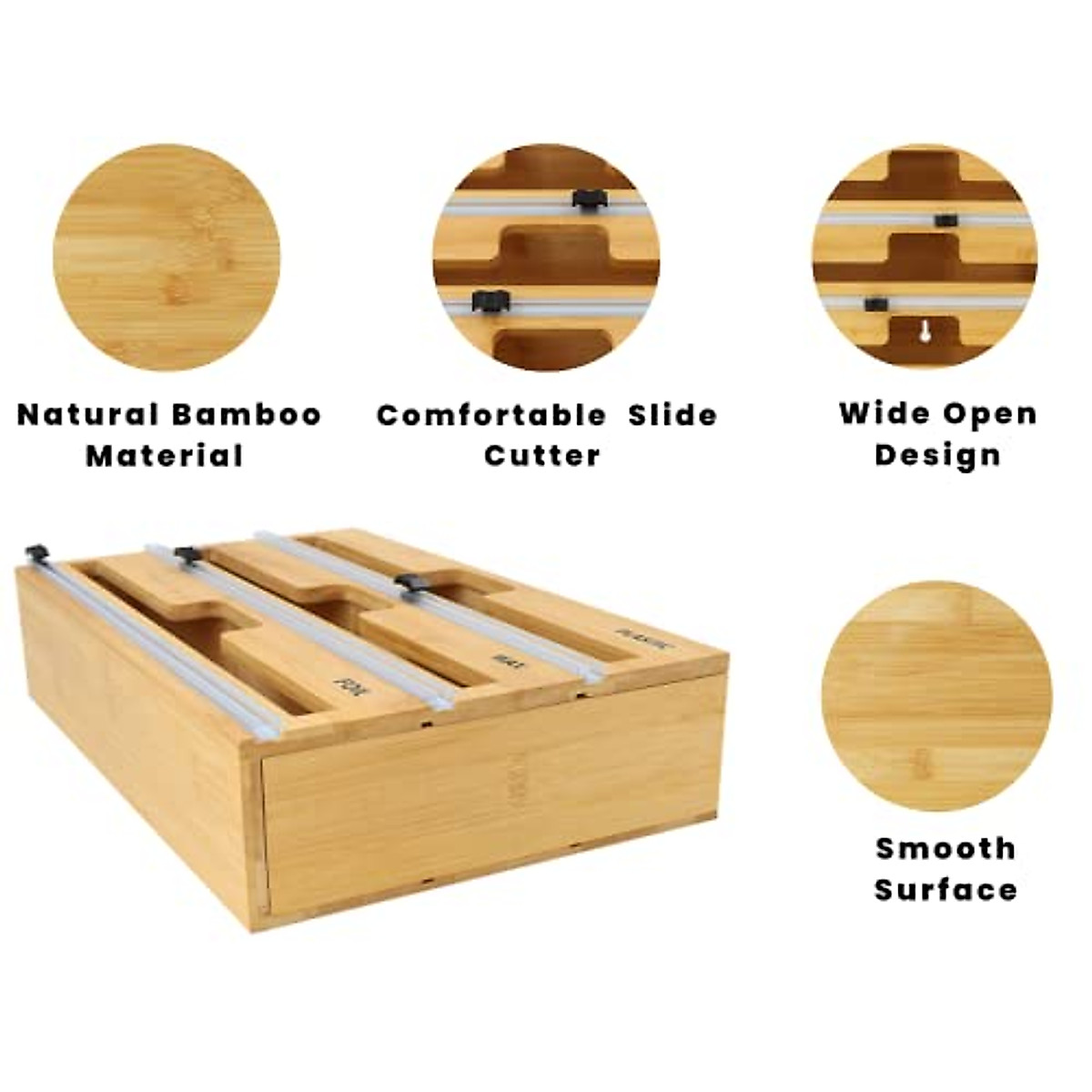 FORTBIT Foil and Plastic Wrap Organizer with Cutter - 3in1 Natural Bamboo Wooden Plastic, Wax, Parchment, Aluminum Foil and Plastic wrap Dispenser with Cutter - 12" Kitchen Wrap Dispenser for Drawer