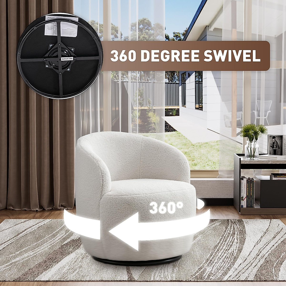 Swivel Barrel Chair, 360° Comfy Small Single Sofa Swivel Accent Chair for Small Space,Modern Boucle Round Swivel Chair Upholstered Accent ArmChair for Living Room Bedroom Nursery Hotel(Ivory)