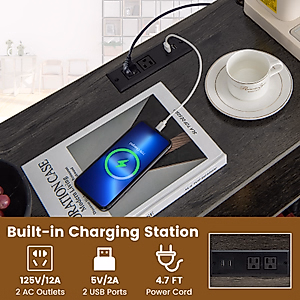 COSTWAY Wine Bar Cabinet, 3-Tier Home Mini Bar for Liquor w/Power Outlets, Glass Holder, Wine Rack, Anti-Tipping Kit, Metal Coffee Bar Table for Home Apartment Kitchen Living Room Pub (Black & Grey)