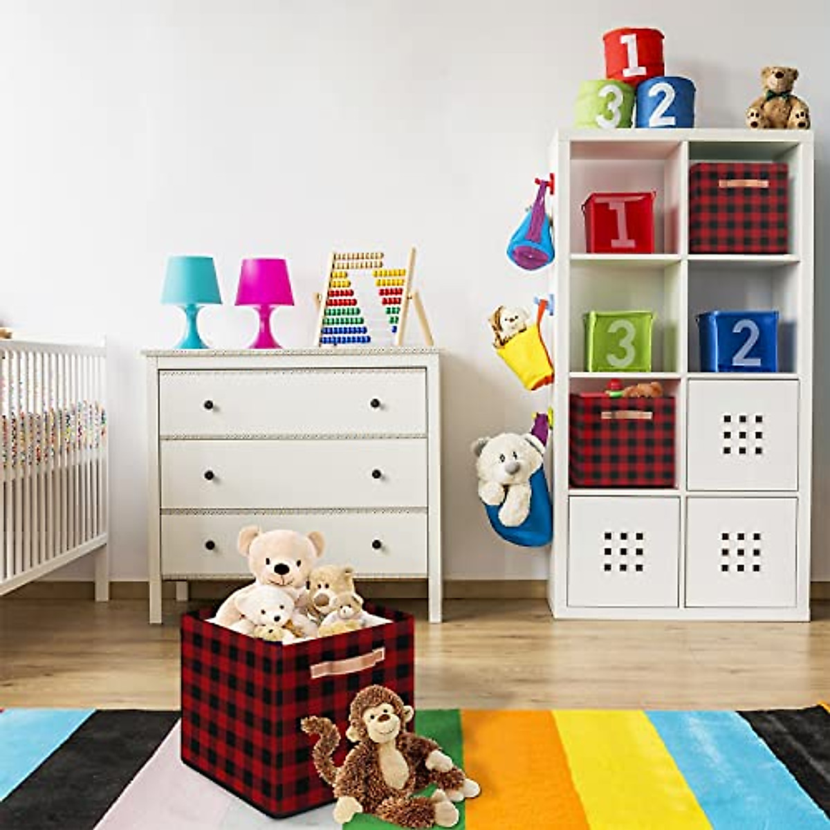 Storage Cube Bins Buffalo Red Plaid Grid Large Collapsible Storage Basket with Handle Decorative Storage Boxes for Toys Organizer Closet Shelf Nursery Kid Bedroom,13x13x13