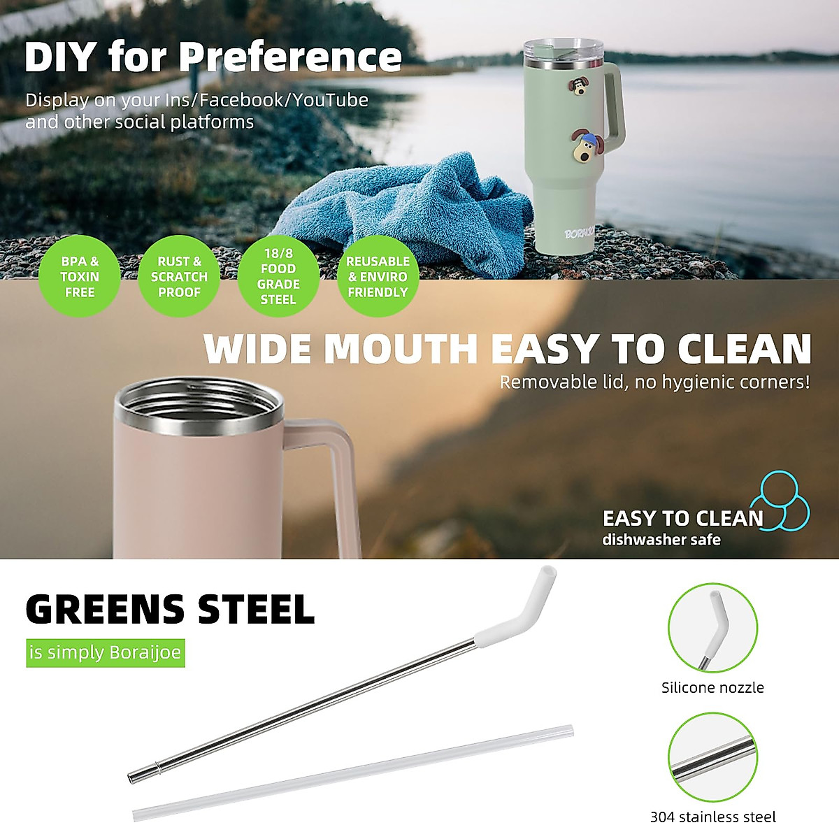 Boraijoe 40 oz Tumbler with Handle and Straw,Reusable Stainless Steel Water Bottle Travel Mug Insulated Cup,Double Wall Vacuum 100% Leak-proof Travel Coffee Mug(Earth Tone)