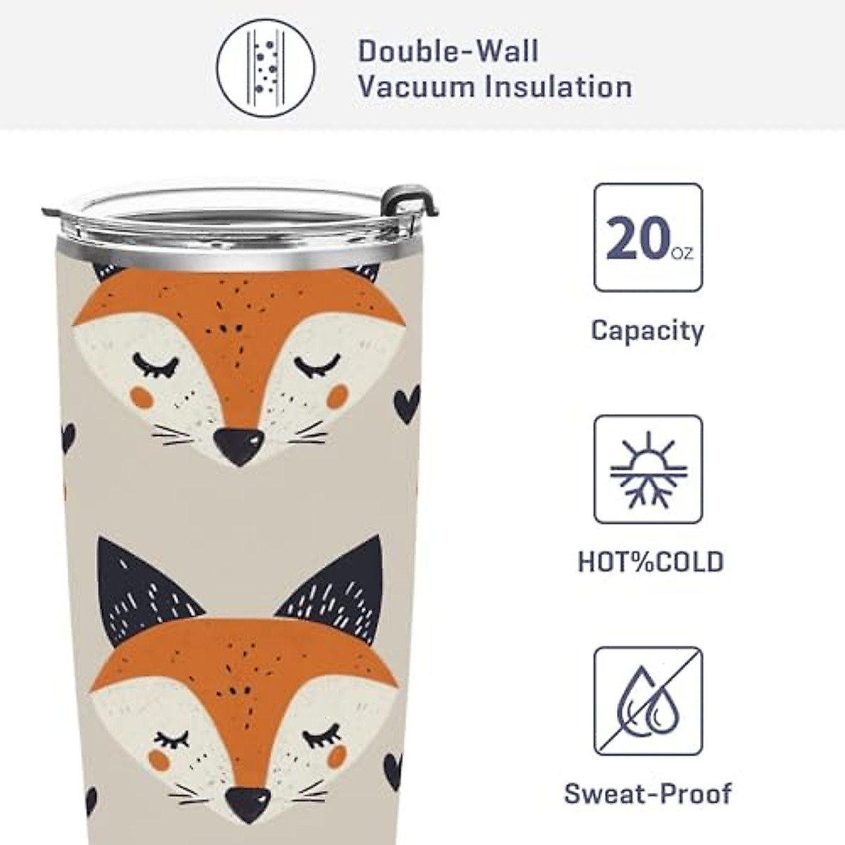 Wassud Cartoon Fox 20 oz Tumbler with Lid and Straw Stainless Steel Double Wall Vacuum Tumblers Insulated Travel Coffee Mug for Cold and Hot Drinks