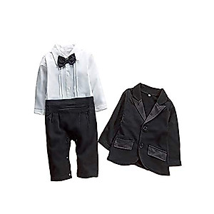 Bilo Store Newborn Infant Baby Boys Tuxedo Bow Tie Jumpsuit Romper and Black Jacket 2-pc Formal Wear Suit 3-6 Months