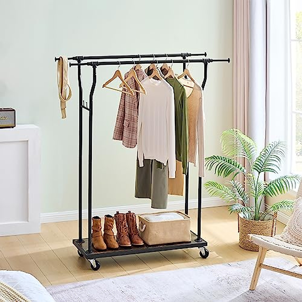 Hoctieon Heavy Duty Double Rod Clothing Racks for Hanging Clothes,Extensible Garment Rack With Wheels,Clothes Rack with Wooden Bottom Shelves