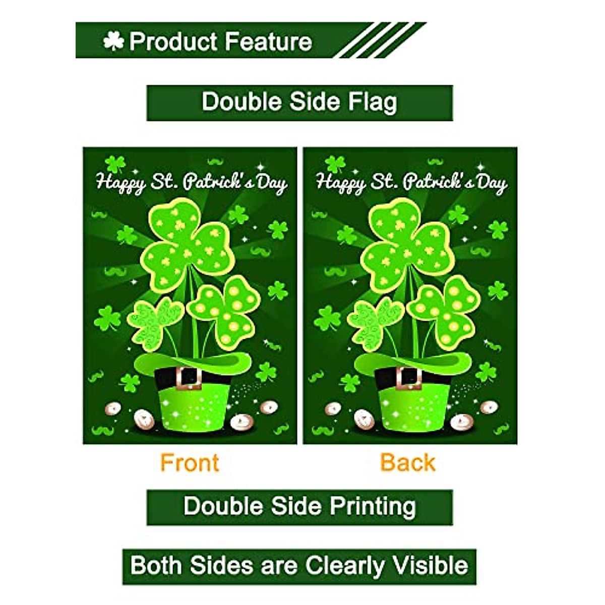 St Patricks Day Garden Flag, 12.5 x 18 inch Green Hat/Shamrock St Patrick's Day Garden Flag Decorative, Double Sided Printing Green Parade Holiday Outside Décor for Yard Farmhouse