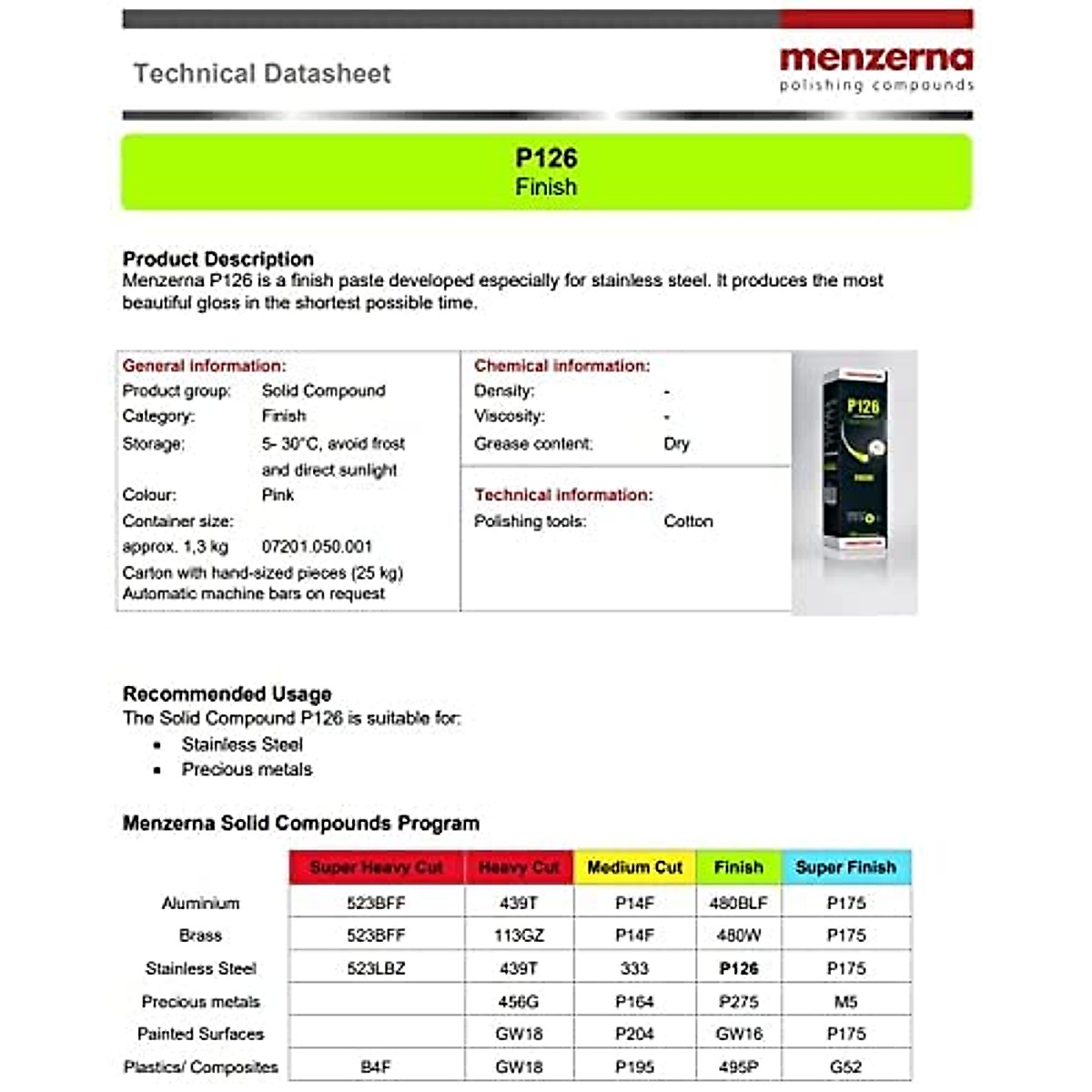 Menzerna P126 Finishing Paste Suitable for Stainless Steel & Precious Metals 1.3kg