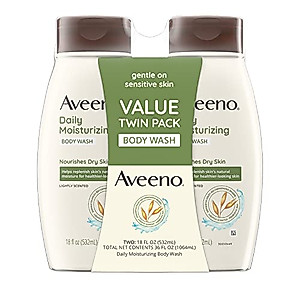 Aveeno Daily Moisturizing Body Wash for Dry, Sensitive Skin, Oat Body Wash Nourishes Dry Skin With Moisture, Soothing Prebiotic Oat & Rich Emollients, Light Fragrance, Twin Pack, 18 Fl. Oz