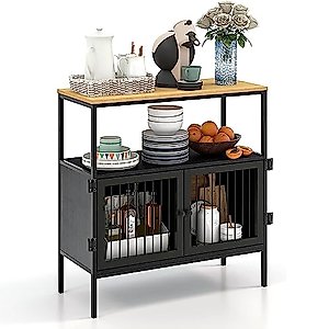 GLOBALWAY Buffet Storage Cabinet, Coffee Station Sideboard with Open Shelve & 2-Door Cabinet, Modern Metal Console Table for Home, Cafe, Natural and Black