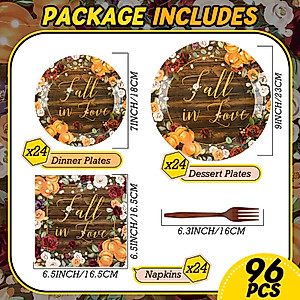 Sunnyray 96 Pieces Fall in Love Party Decorations Supplies Pumpkin Flower Autumn Party Tableware Set Bridal Shower Party Dessert Plates Napkins Forks for 24 Guests Bridal Anniversary Engagement Party