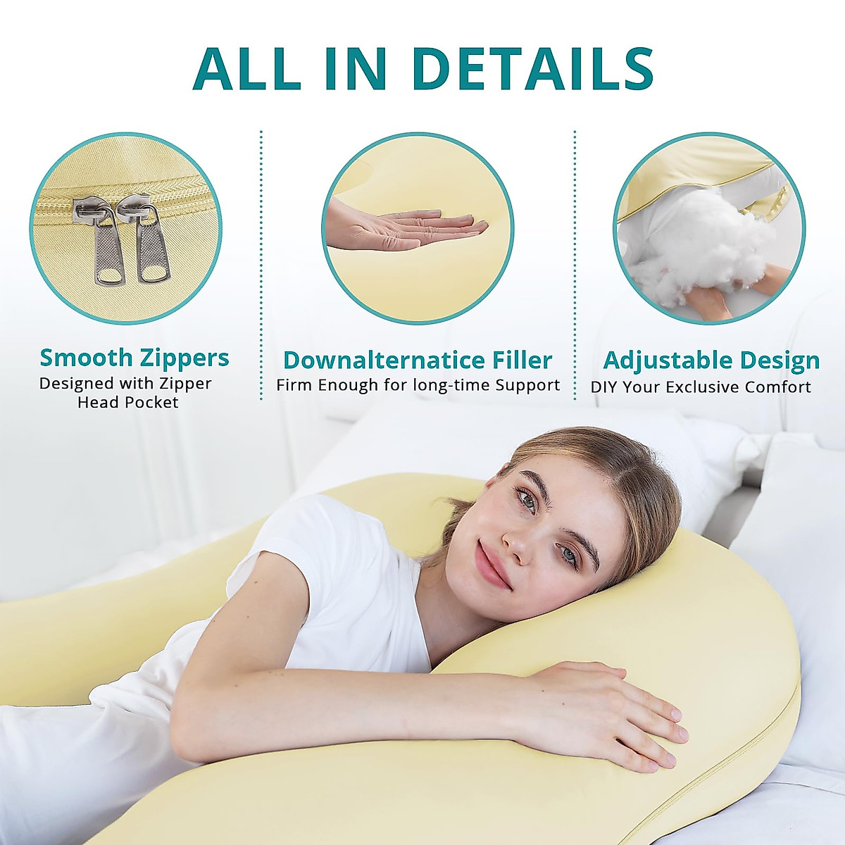 Sasttie Pregnancy Pillows for Sleeping, Maternity Pillow for Pregnant Women, U Shaped Body Pillow Pregnancy Must Haves, 59'' Full Pregnant Pillow with Removable Cover, Light Yellow,59''x31.5''