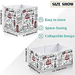 visesunny Rectangular Storage Bins London Landmark Lettering Storage Baskets Canvas Fabric Storage Boxes Foldable Nursery Basket for Clothes,Books,Toys,Shelves,Gifts