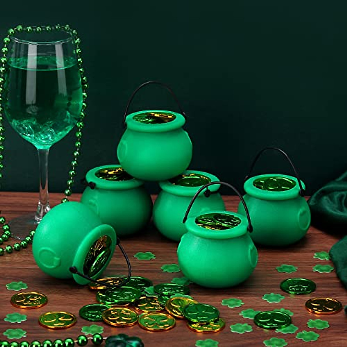 156 Pieces St Patricks Day Decorations Set Includes 6 Green Leprechaun Cauldron with Handle Lucky Leprechaun Pot 50 St. Patrick Lucky Shamrock Plastic Coins and 100 Shamrock Clover Confetti for Party