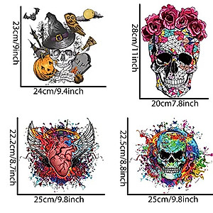 Halloween Iron on Transfers,Skull Stickers Patches Halloween Supplies Red Rose Flower Heart Feather Iron on Heat Transfer Decals for Jacket Jeans Clothes DIY Decorations