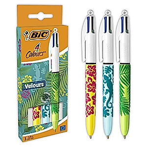 BIC 4 Colours Velours Ball Pens Medium Point (1.0 mm) - Assorted Barrel Designs, Pack of 3, Black