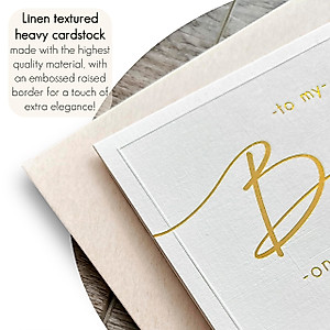 Shoppau Set of 2 Bride and Groom Wedding Day Cards - Linen Textured Cardstock - Elegant Script - 4.875" x 3.75" Folded - Embossed Border - Set of 2 Cardstock Beige Envelopes (Gold Foil)