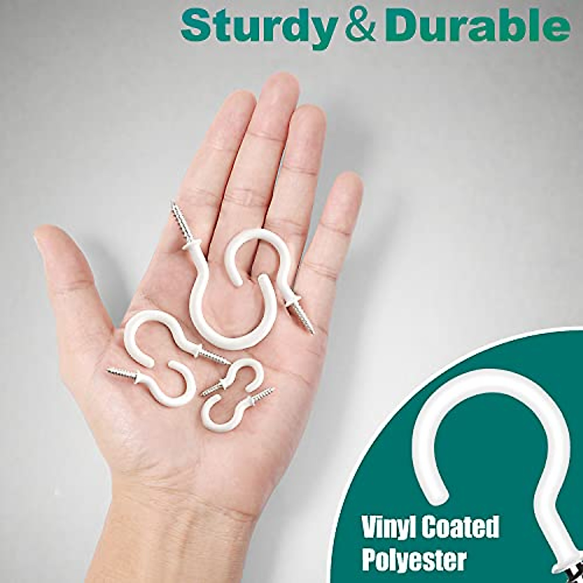 EIENHOSHI Ceiling Hooks, Cup Hooks Screw in Hooks for Hanging, White Vinyl Coated Hooks Kit (2", 1-1/2", 1-1/4", 1'', 7/8", 3/4") -75 Pcs, Small to Heavy Duty