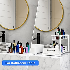 Lxmons 2-Tier Under Sink Slide Out Organizer, Pull Out Cabinet Storage Shelf with Sliding Storage Wire Basket Drawer for Bathroom Kitchen, Countertop or Pantry Storage shelf, White