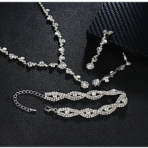 YANODA Clear Crystal Wedding Jewelry for Bride Rhinestone Necklace Earrings Bracelet Jewelry Set for Wedding Silver-Tone Bridal Bridesmaid Wedding Evening Party Prom Jewelry Set