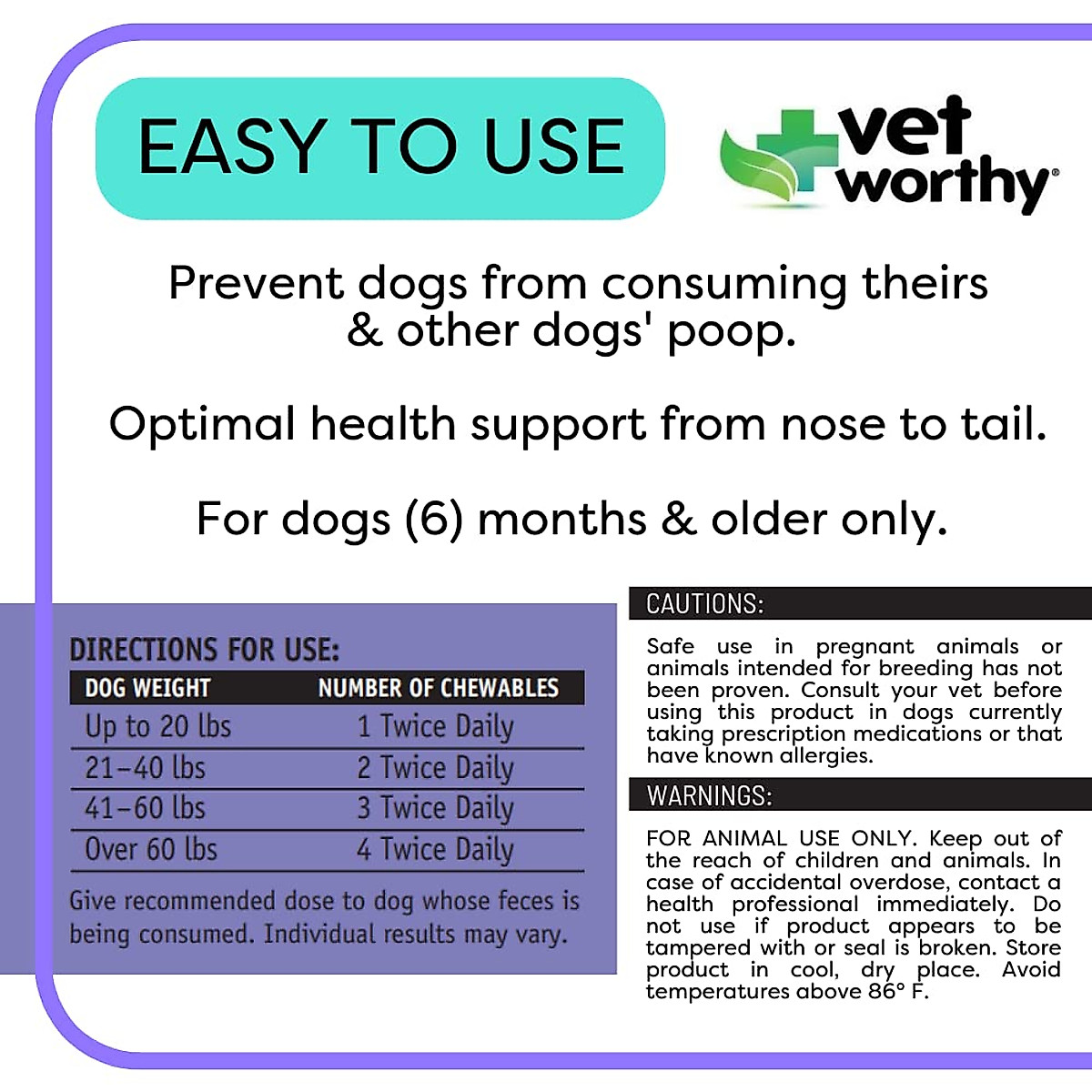 Vet Worthy Stop Stool Ingestion - Daily Supplement for Dogs to Prevent Stool Eating - Dog Supplement with Yucca Schidigera, Parsley Leaf, Chamomile, Thiamine - Liver Flavor, 60 Chewable Tablets