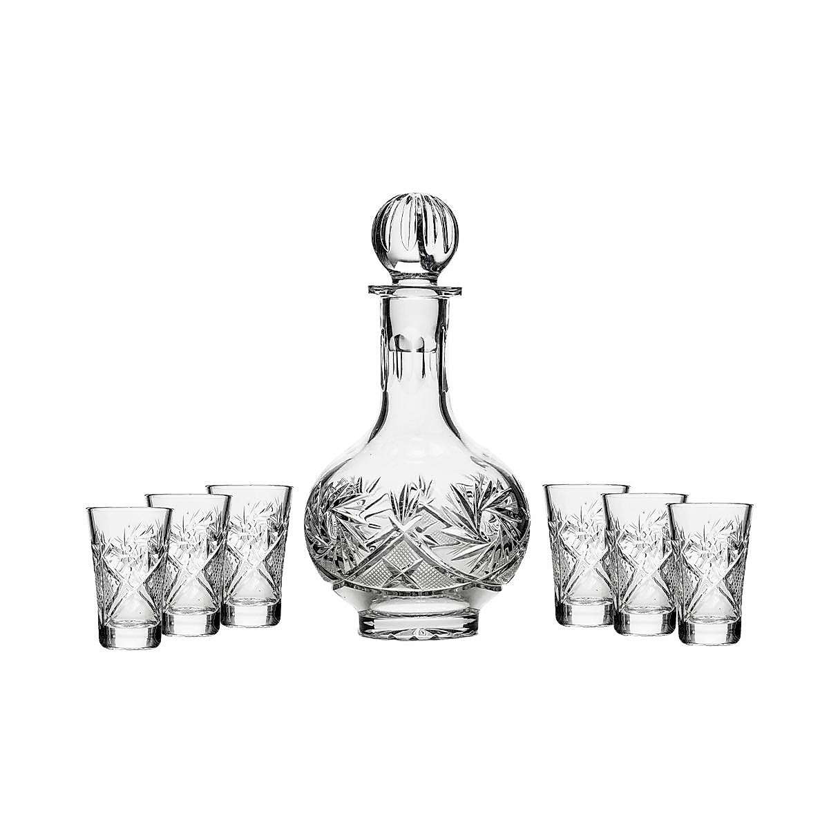 Vodka Set Russian Cut Crystal 12 Oz Carafe Decanter & 6 Crystal Shot Glasses 35 Ml 1.2 Oz