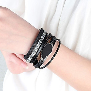 AZORA Leather Cuff Bracelet Multi Rope Wrap Bangle with Pearl Metallic Heart Cuffs Bracelets for Women (Black-cuff bangle bracelets)