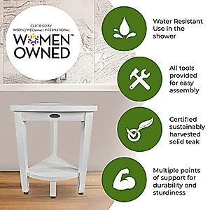 CoastalVogue Snazzy Corner Teak Shower Corner Bench Wood Corner Shower Seat Bench with Shelf 15" Wide Corner Shower Foot Stool in Antique White Finish