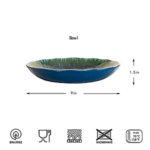 Melamine Pasta Bowls Large Salad Bowls Set 9 inch Sets of 6 pcs Soup Bowls Wide Shallow Flat Turquoise Teal Round Dinnerware Tableware Dishwasher Safe Not Microware Not Oven