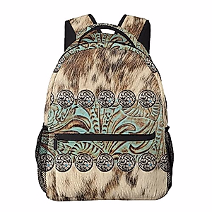 SWEET TANG Rustic Brown Teal Western Country Tooled Leather School Bag Backpack College Bookbag, Laptop Backpacks Computer Bag Travel One Size