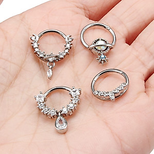 Vsnnsns 16G Septum Rings Piercing Jewelry Septum Jewelry CZ Clicker Ring Stainless Steel Septum Hinged Segment Nose Rings Hoop Piercing Jewelry for Men Women 10mm 4pcs Silver