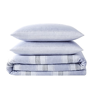LONDON FOG - King 3 Piece Duvet + Sham Set - Plaid Flannel Collection - Blue Stripe