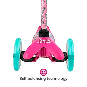 Barbie Self Balancing Kick Scooter with Light Up Wheels, Extra Wide Deck, 3 Wheel Platform, Foot Activated Brake, 75 lbs Limit, Kids & Toddlers Girls or Boys, for Ages 3 and Up