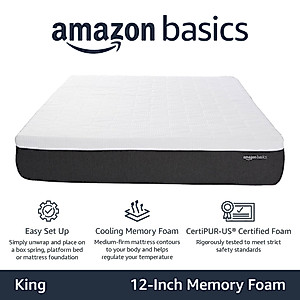 Amazon Basics Gel Memory Foam Mattress, Firm, Cooling, King Size Mattress, CertiPUR-US® Certified Foam, 80 x 76 x 12 inches, White/Dark Gray