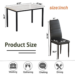 AWQM 5 Pieces Dining Table Set, Kitchen Table Set with Faux Marble Top Table and 4 Faux Leather Upholstered Chairs for Kitchen, Breakfast Nook, Dining Room, White+Black