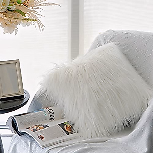 AerWo Set of 2 White Decorative Fluffy Pillow Covers, 20x20 Inch New Luxury Series Merino Style Faux Fur Throw Pillow Covers Square Fuzzy Cushion Case, Off-White