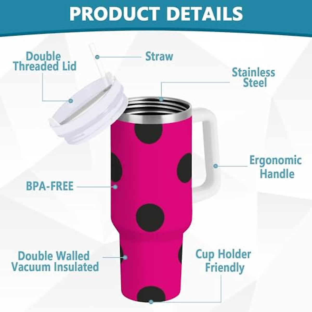 ODAWA Large Hot Pink Polka Dots Insulated Water Bottle with Handle and Straw, Insulated Stainless Steel Tumblers Insulated Travel Tumbler